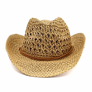 ADAHOP Classic Cattleman Straw Cowboy Hat Western Style Outback Toyo Cowboy Hat Shapeable Woven Sun Caps Khaki