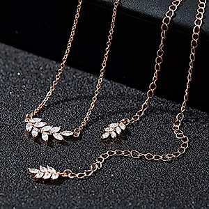 SWEETV Rose Gold Simple Wedding Back Necklace for Brides Bridesmaid, Bridal Backdrop Necklace, Crystal Leaf Chain Pendant Necklace for Women Prom