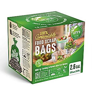 UNNI 100% Compostable Bags, 2.6 Gallon, 9.84 Liter, 100 Count, Extra Thick 0.71 Mil, Samll Kitchen Food Scrap Waste Bags, ASTM D6400, US BPI and Europe OK Compost Home Certified, San Francisco