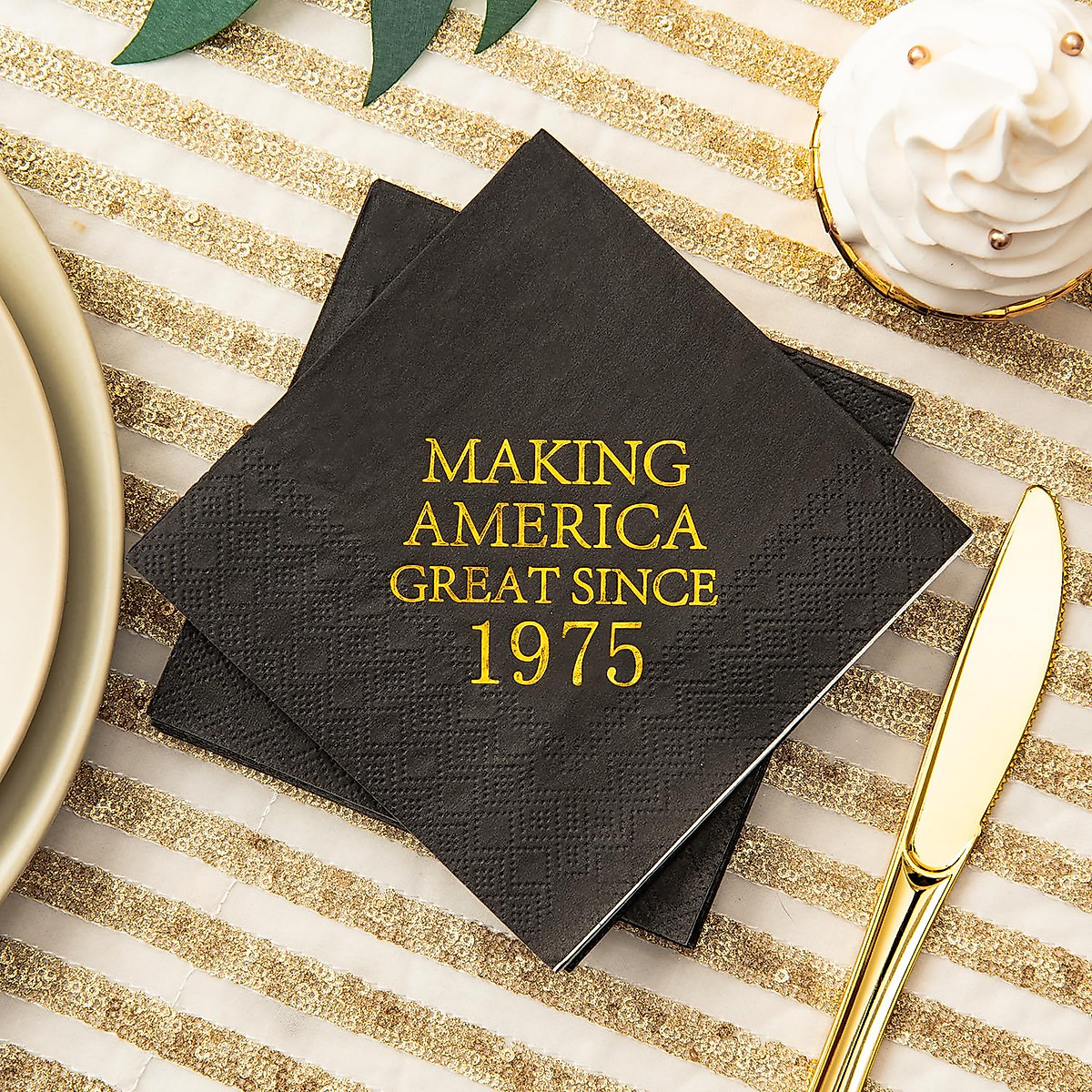 Crisky 50th Birthday Disposable Napkins Black and Gold Dessert Beverage Cocktail Cake Napkins 50th Birthday Decoration Party Supplies for Man Making Great Since 1975, 50 Pack 4.9"x4.9" Folded