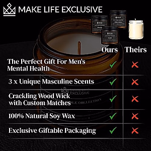 Set of 3 4oz Scented Candles for Men Gift Set | by The Fire | Woodwick Crackling Masculine Scent Candles | Manly Tobacco, Fire & Mahogany Teakwood Soy Candles | Unique Gift