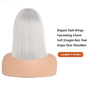 BESTUNG Short Silver Bob Wigs with Bangs,Short Straight Bob Silver Wigs for Women Hair Bob Cut Wig Shoulder Length Wig,Natural Looking Cosplay Daily Party Wig Halloween(12Inch)