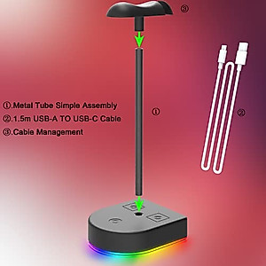 BGMUTCX RGB Headphone Stand with USB Charging Port or Hub, Desk Gaming Headset Holder, Durable Hanger Rack Suitable for Desktop Table, Game,Earphone, PC, Gamer Accessories (Black)