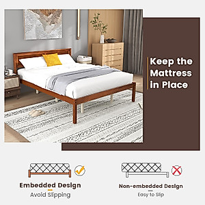 KOMFOTT Queen Size Wood Platform Bed Frame with Headboard, Solid Wood Bed Frame with Slat Support, 10-Leg Support, Under Bed Storage, 16” Mattress Foundation Bedroom Furniture, No Box Spring Needed