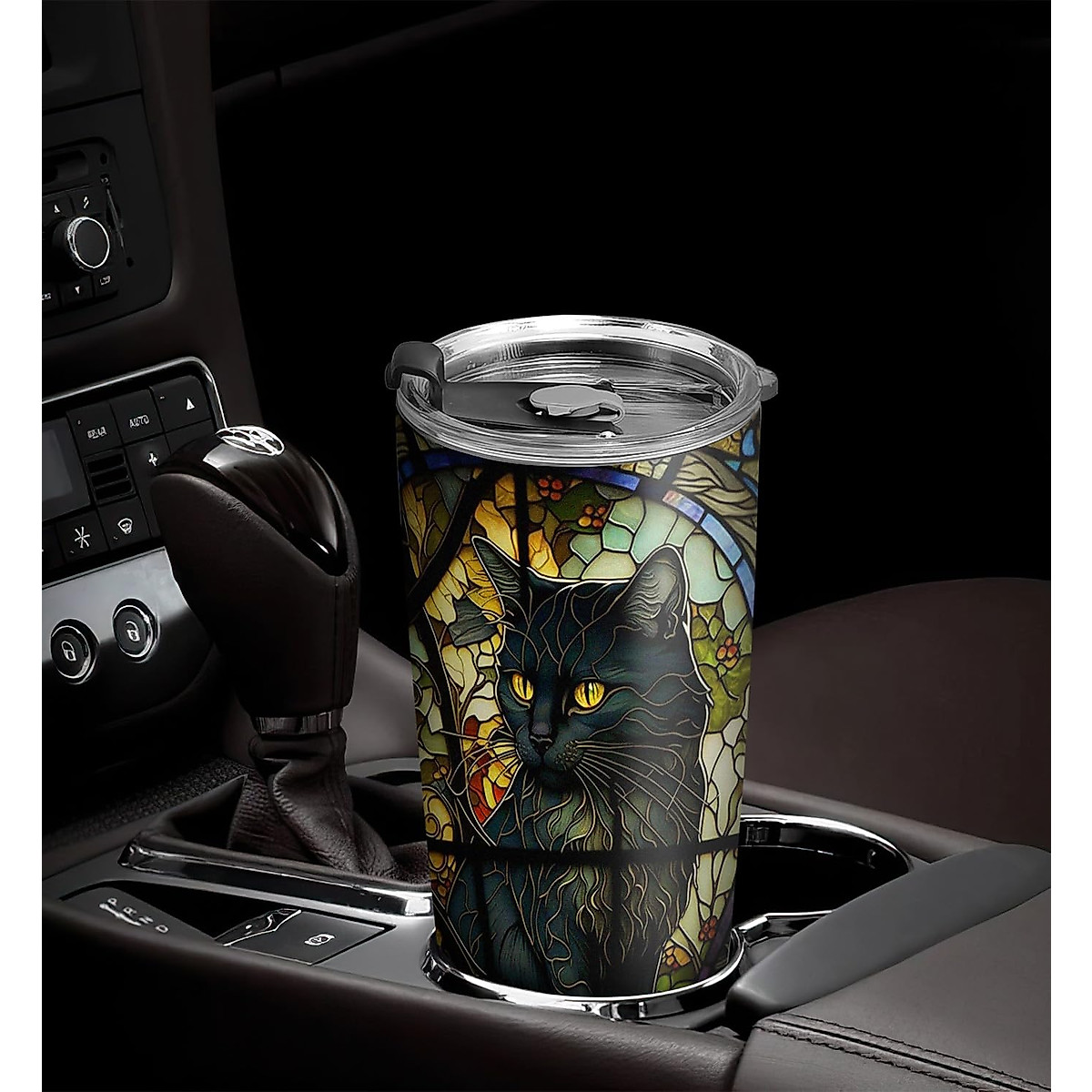 20oz Stained Glass Black Cat Tumbler, Gifts for Cat Lovers, Coffee Thermos for Women, Stainless Steel Double Wall Vacuum Insulated Coffee Mug, Travel Cup with Lid