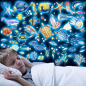 116 Pieces Glow in The Dark Under Ocean Wall Decals Sea Life Animals Wall Stickers Kids Wall Decals Removable Waterproof Peel and Stick for Boys Kids Bathroom
