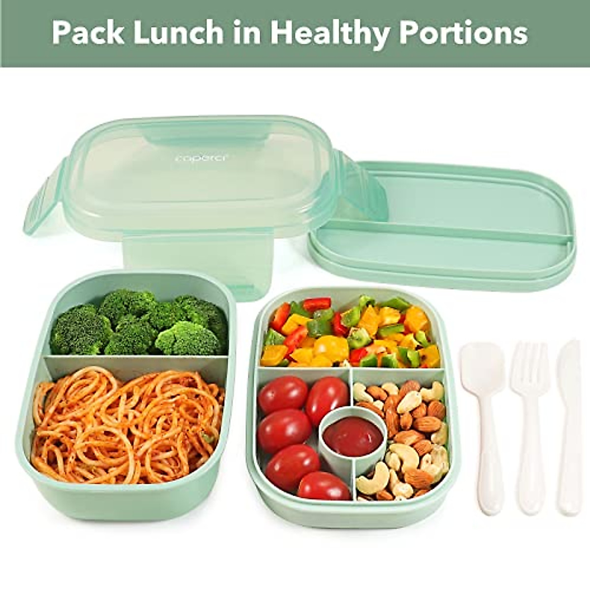 Caperci Stackable Bento Box Adult Lunch Box - 3 Layers All-in-One Lunch Containers with Multiple Compartments for Adults & Kids, 55 oz Large Capacity, Built-in Utensil Set & BPA Free (Green)