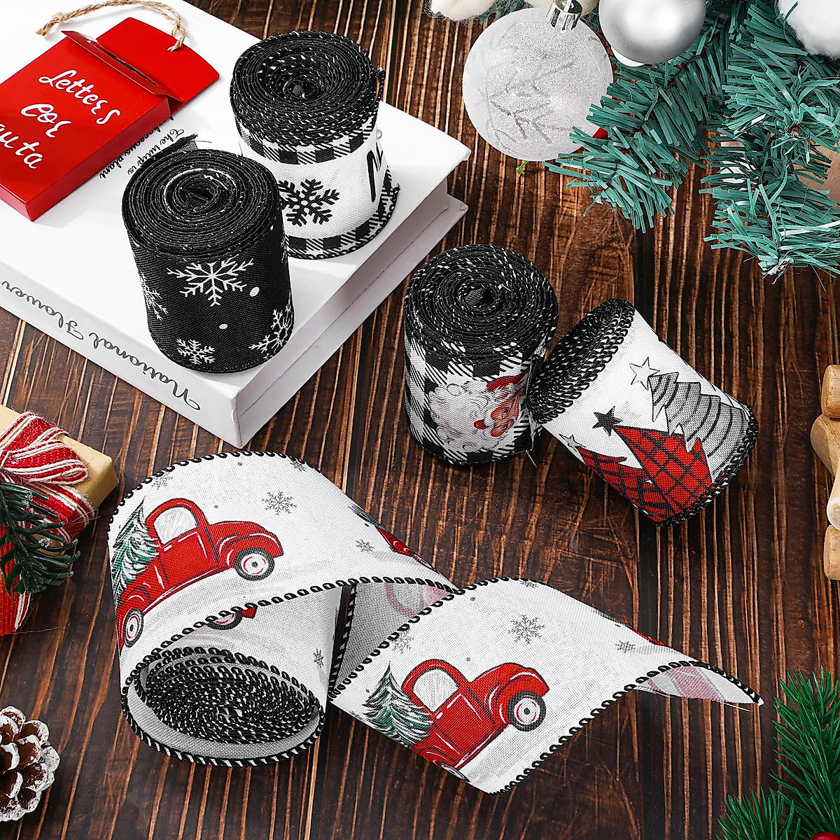 AnyDesign 30 Yards Christmas Wired Edge Ribbon 2.5 Inch Black White Buffalo Plaids Fabric Ribbon Xmas Tree Santa Snowflake Craft Ribbon for Holiday Wrapping DIY Making Bow Wreath