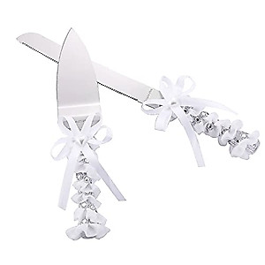 TANG SONG Elegant Stainless Steel Wedding Cake Knife and Serving Set Resin Plastic Handle with Heart Beads and Bowknot Riband Lace Design