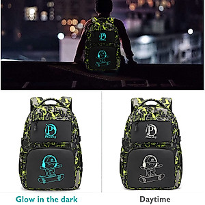 Pawsky Skateboard Anime Luminous Backpack School Backpack with USB Charging Port for Teen Boys, College School Bookbag Lightweight Laptop Bag with Sling Bag Set, Green
