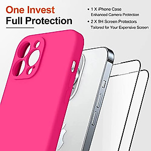 TISOOG Compatible with iPhone 14 Pro Case for Women,with 2 Pcs 9H Tempered Glass Screen Protector,[Camera Protection][Microfiber Lining] Slim Shockproof Silicone Case for iPhone 14 Pro, Hot Pink
