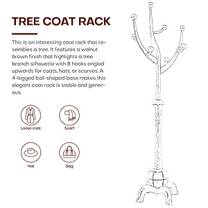Coat Rack Freestanding Wood Coat Tree Rack with 8 Hooks, Creative Design Tree Branch-look, Standing Coat Rack Clothes Hanger Stand with Stury Base for Entryway, Hallway, Bedroom - Load 160lb (Walnut)