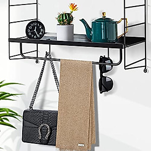 2 Tiers Multi-functional Wall Racks Floating Shelves , Wall Mounted Storage Shelves with Black Metal Frame and Towel Rack And Two Hooks for Bathroom, Bedroom, Living Room, Kitchen, Office (Black)