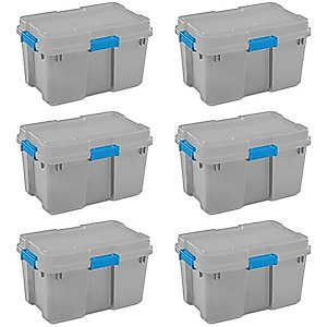Sterilite 18336A03 30 Gallon Heavy Duty Plastic Storage Container Box with Lid and Latches, Grey/Blue (6 Pack)