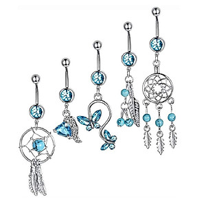 XIGUA MELON 5Pcs Female Button Navel Ring, 316L Medical Steel Body Piercing Dream Catcher Belly Button Set