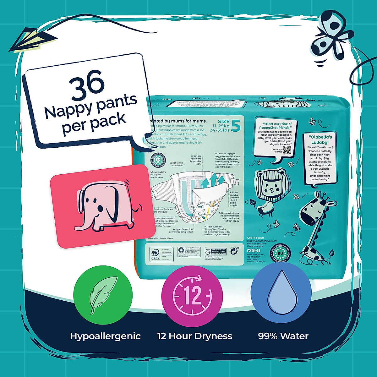 Mum & You Nappychat Premium Performance Eco Diapers, Size 5 (36 Diapers) Smart Tube Technology Leak Protection. 100% Recyclable. Hypoallergenic, Dermatologically-Tested. No Lotion, Perfume or Dyes.