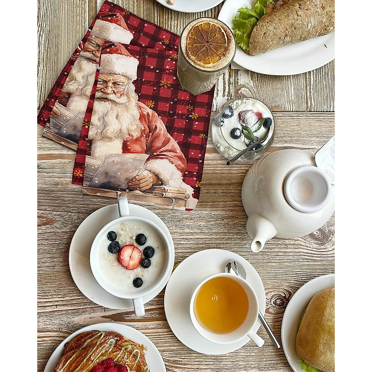 Onekaccu Watercolor Santa Claus Dish Towels Set, Waffle Weave Kitchen Towels Microfiber Towels Cleaning Christmas Elk Snowflake Red Soft Absorbent Dish Drying Towels Hand Towels 2 Pack 15.7x23.6 in