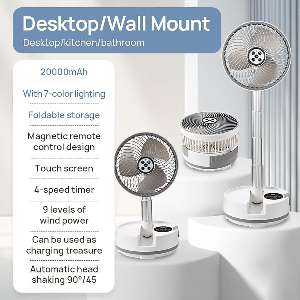 Onnilife 8 inch Portable Fan-Battery Operated Fan, Oscillating Rechargeable Fan with 20000mAh, Remote Control LED Lights, 72HR Run Time, Outdoor Portable Foldable Fan for Camping＆travel (White