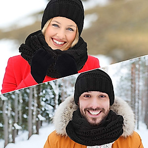 3 Pieces Winter Beanie Hat Scarf Touch Screen Warm Gloves Set Warm Knit Skull Cap for Men and Women (Black)