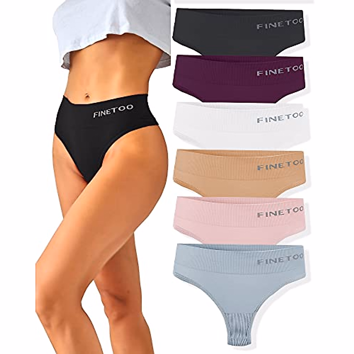 FINETOO 6 Pack High Waisted Thongs for Women, Nylon Spandex Panties Breathable Soft Stretchy Underwear High Rise S-XL (L)