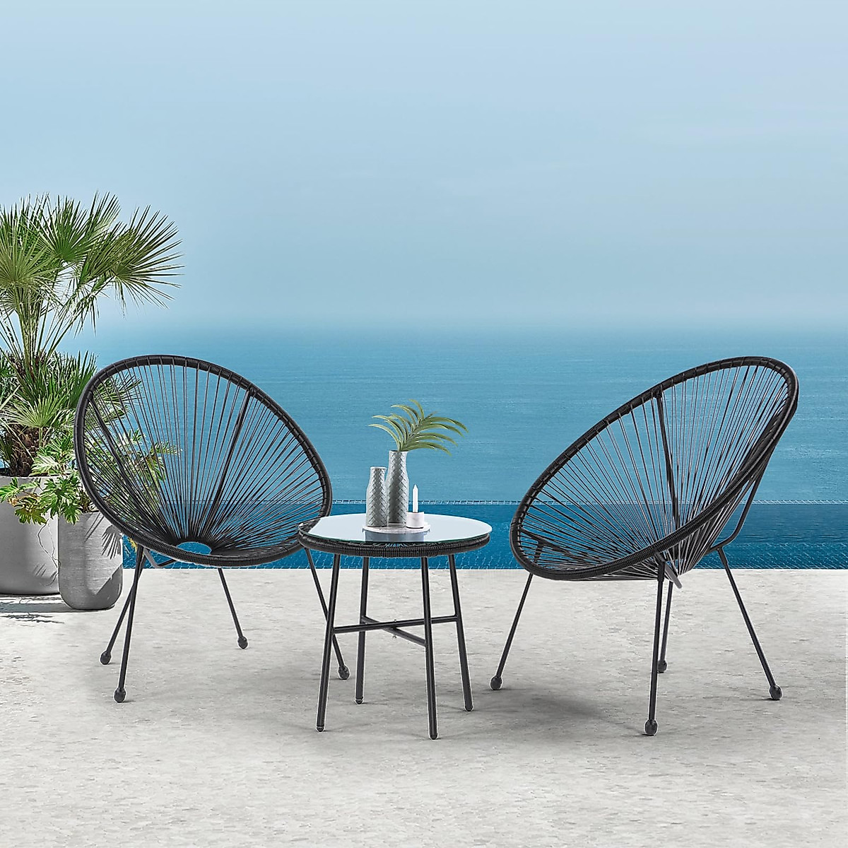 VICBARLEY 3-Piece Patio Acapulco Chairs Set, All-Weather Outdoor Wicker Bistro Set w/Pillow & Glass Top Table, Rattan Conversation Set for Porch,Garden, Balcony, Deck, Poolside, Black