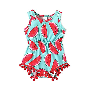 PATPAT Baby Girl Floral Romper Sleeveless Pompom Tassel Bodysuit Infant Jumpsuit Outfit Set with Headband 0-18 Months Watermelon 3-6 Months