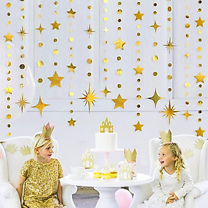 Gold Party Decorations Star Circle Dot Paper Garland Banner Bunting Streamer Metallic Hanging Twinkle Star Decoration for Christmas Birthday Baby Shower Wedding Festival Engagement Kids Room Decor