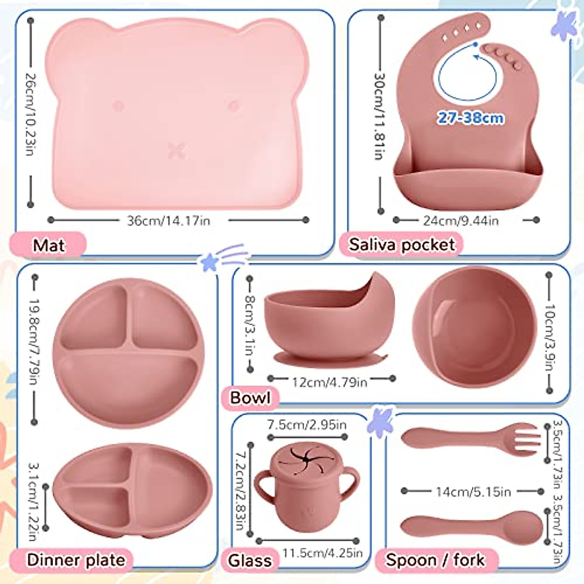 Newtay 8 Pack Baby Feeding Eating Supplies Silicone Suction Divided Plate Bibs Bowl Placemat Spoon and Fork Cup with Straw Tableware Set for Toddler (Dark Pink), 1.0 Count