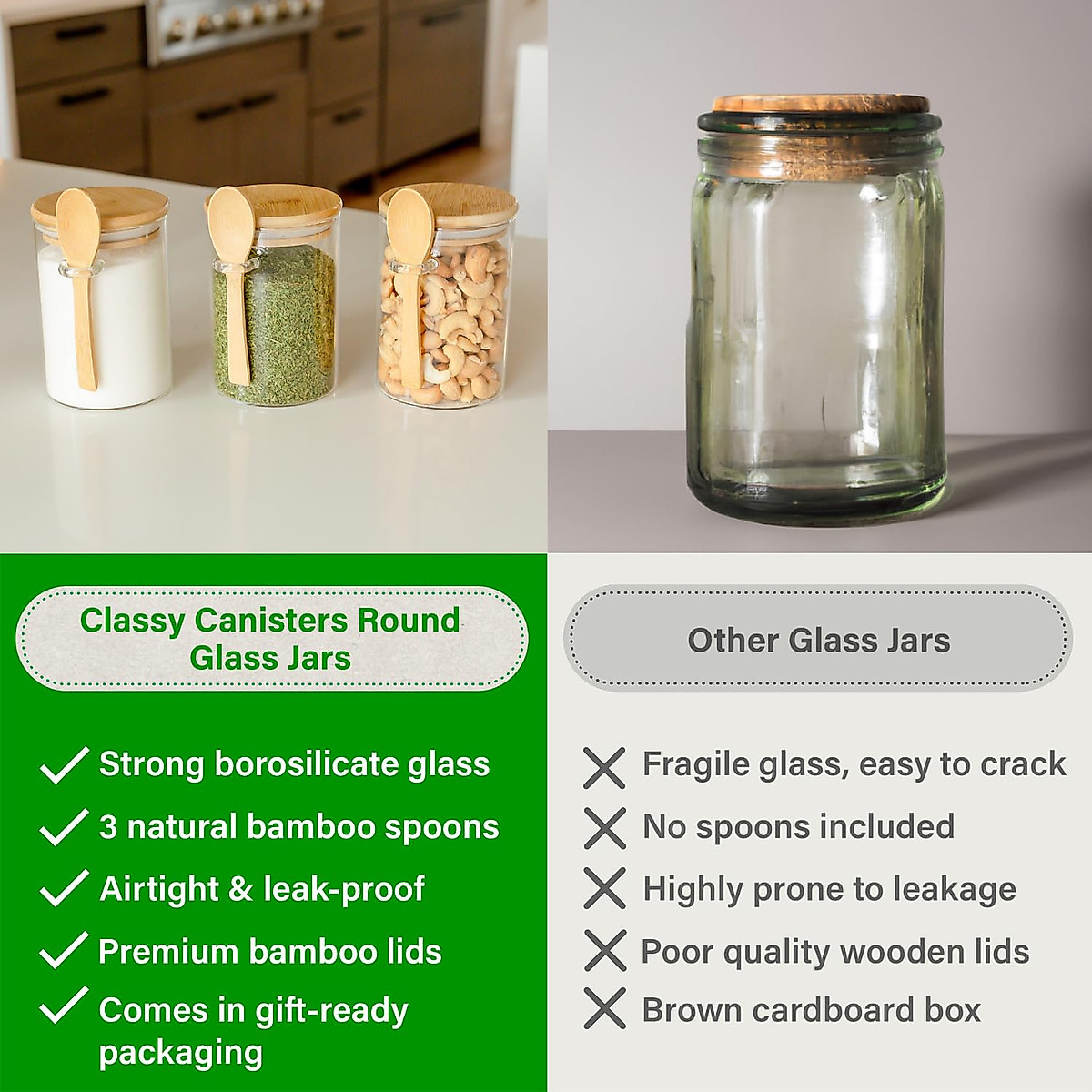 Set of 3 Airtight Glass Jars with Bamboo Lids & Bamboo Spoons - Decorative & Durable 17-Oz Borosilicate Glass Canisters Hold Coffee Beans, Tea, Flour, Sugar, Nuts, Candy, Bath Salts & More