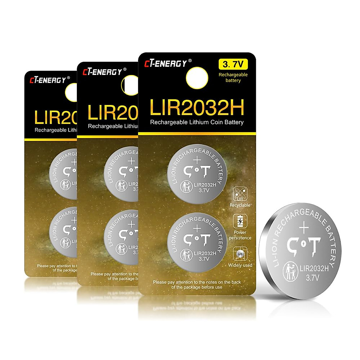 CT-ENERGY Rechargeable 2032h Batteries 6 Pack for Air Tag,3.7V High Capacity 70mAh Lir2032h Batteries for Car Key Fob,Replace 3V CR2032 Battery