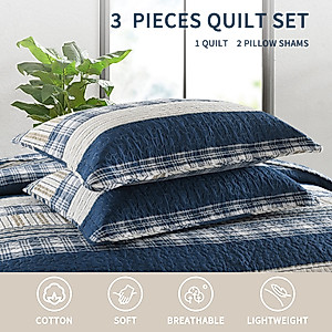 Homzard Queen Comforter Set - Blue White Tan Striped Queen Size Comforter Set,Plaid Striped Bedding Quilt, Farmhouse Bedspread, Lightweight Bedding Quilts 3 Pieces All Season