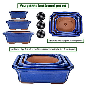 MUZHI 3 Pack Ceramic Rectangular Bonsai Tree Planter Pot Set 6”+7”+9”, Cactus Succulent Planter Blue Glazed with Mesh Hole Screens