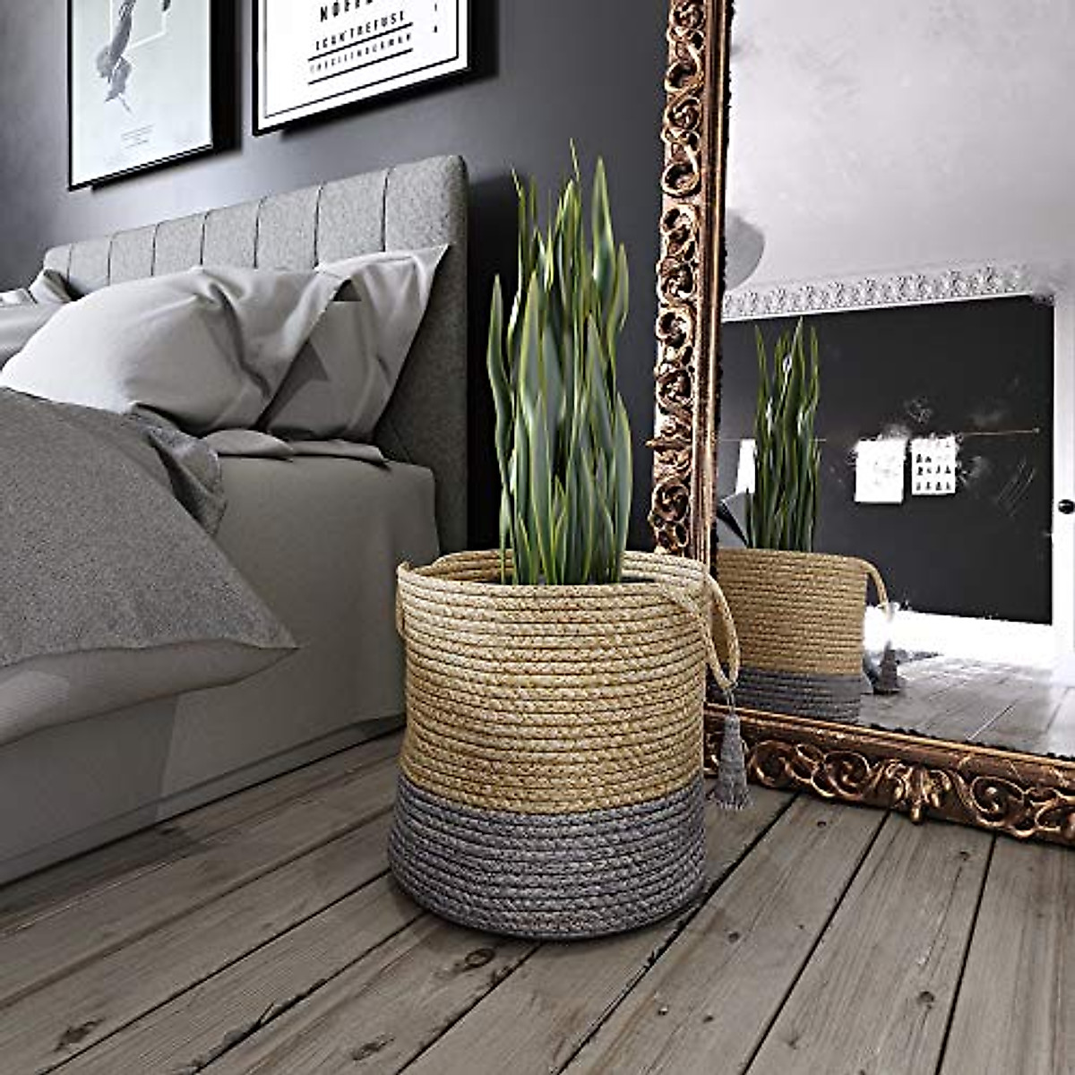 LR Home Two-Tone Natural Jute Woven Decorative Storage Handles Baskets, 17" x 17" x 17", Tan/Gray