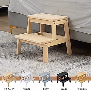 HOUCHICS Wooden Step Stool for Adults Kids, Solid Wood Bed Step Stool, Multi-Purpose 2-Step Stool for Kitchen, Bed, Bathroom（Natural）