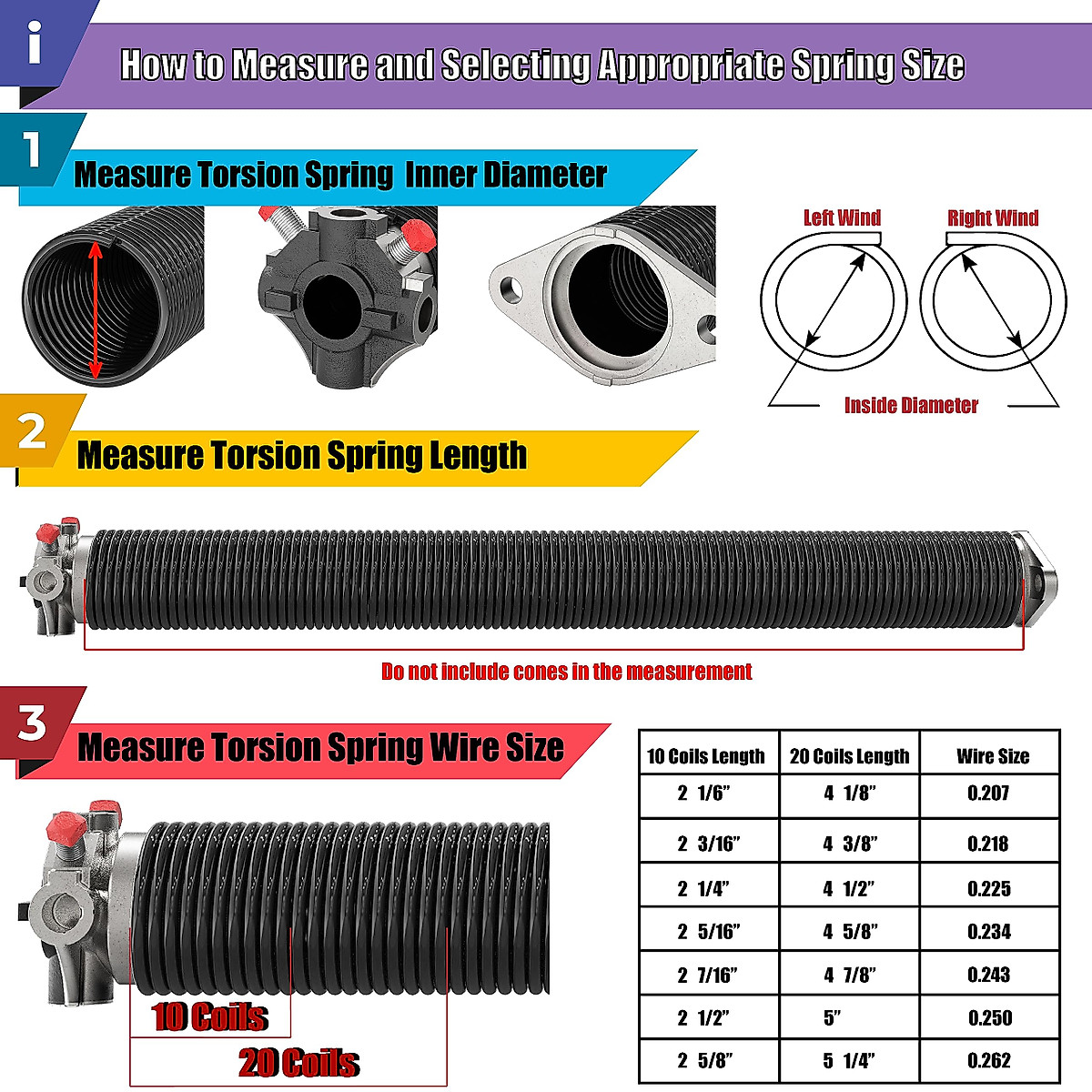 Blesseras Pair of 2" Garage Door Eletrophorsis Coated Torsion Springs Set (0.250 x 2" x 28") Includes 8.5 ft. Garage Door Cable, Pair of Non-Slip Winding Bars, Glove
