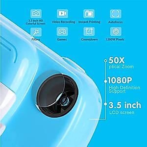 QSYY Instant Printing Camera Toys, 30MP Digital Video Camera, 1080P 3.5-Inch Eye Protection Large Screen, Children's Selfie Mini Camera with 32GB Memory Card, 3 Rolls of Paper,Blue
