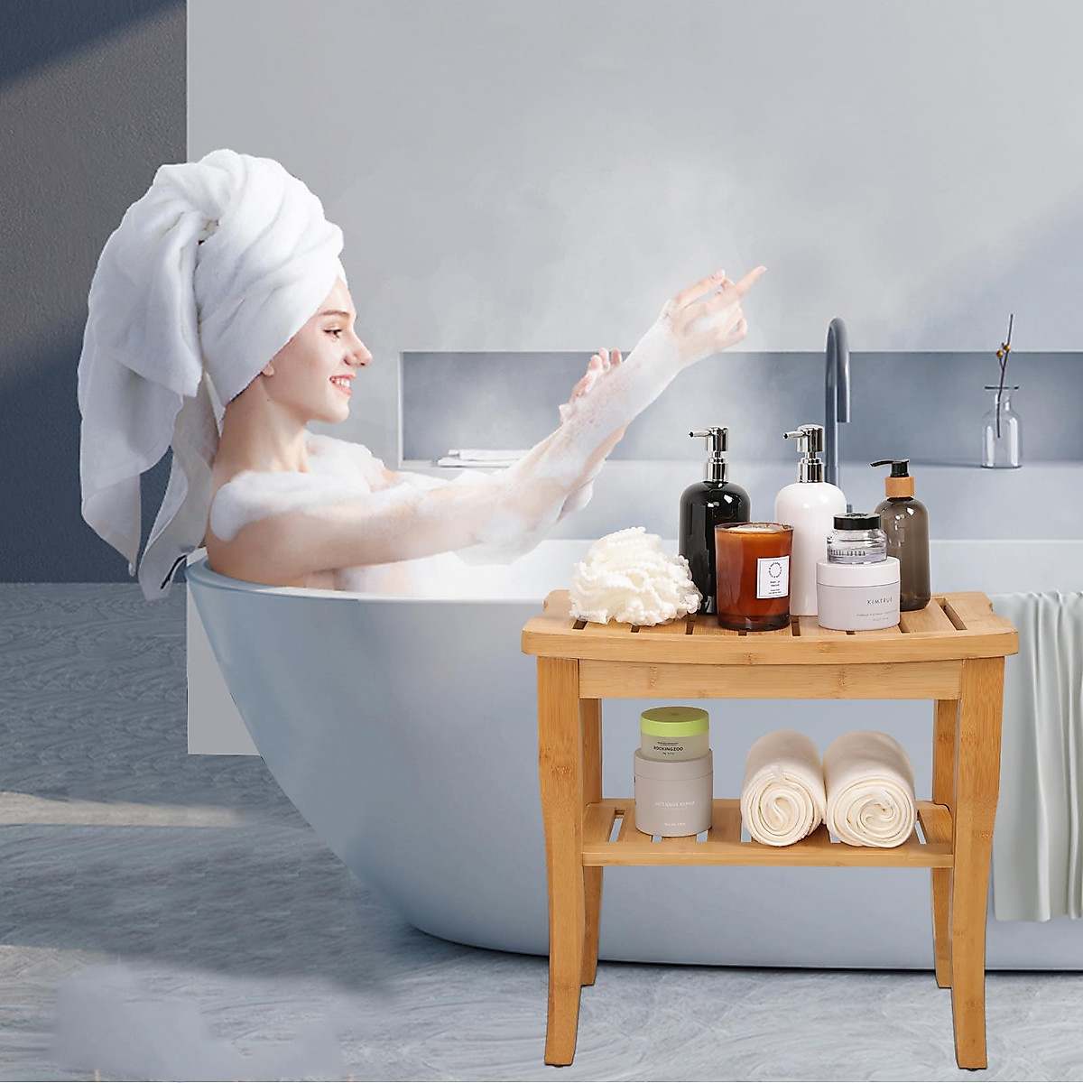 VVW Bamboo Shower Bench with Storage Shelf,19 Inch 2-Tier Wooden Spa Seat Bath Stool for Indoor, Shower Chair Bamboo for Adults Seniors Women Elderly