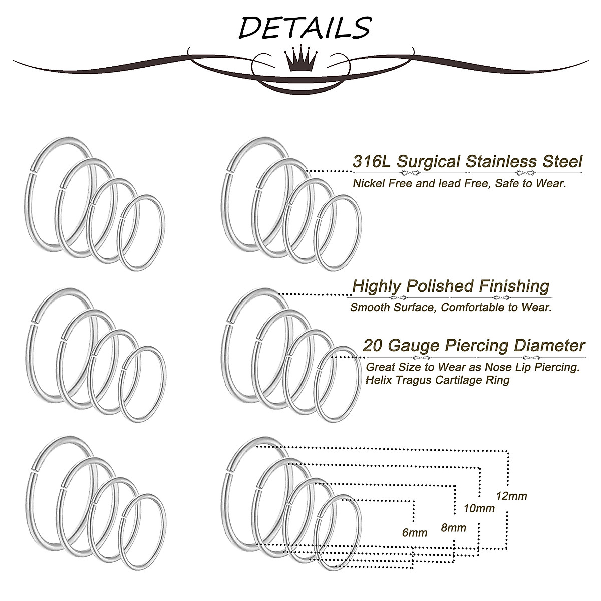 Masedy 24Pcs 20G 316L Stainless Steel Nose Rings Hoop Tragus Cartilage Helix Piercing Lip Septum Ring Silver Bendable