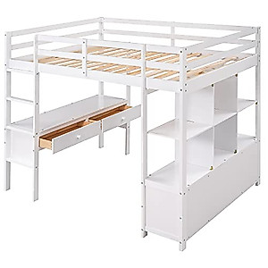 BIADNBZ Full Size Loft Bed with Built-in Desk and 2 Drawers, Wooden High Loftbed Frame w/Storage Shelves, Cabinets and Guardrails, for Kids Teens Adults, White