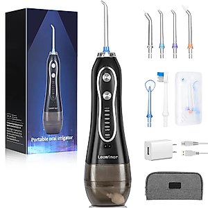 Leominor Water Flosser Cordless for Teeth, Portable and Rechargeable Dental Oral Irrigator,5 Modes & 6 Nozzles IPX7 Waterproof 300ML with Travel Bag Teeth Cleaner Picks for Home,Travel Black