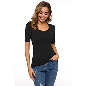Womens Square U Neck Short Sleeve Basic Tee Tops Fitted Cotton T-Shirts for Summer Winter Layer (S, Black)