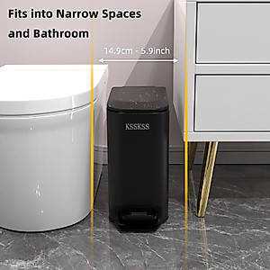KSSKSS Small Bathroom Trash Can with Soft Close Lid, 6L / 1.6 Gallon Stainless Steel Garbage Can with Removable Inner Bucket, Step Pedal, Slim Wastebasket for Bedroom, Home Office (Matt Black)
