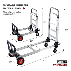 Oyoest Aluminium Hand Truck Dolly Heavy Duty 440lbs Capacity 2 in 1 Convertible Folding Hand Truck with Pneumatic Wheels and Telescoping Handles,Portable Dolly Cart with Bungee Cords for Moving