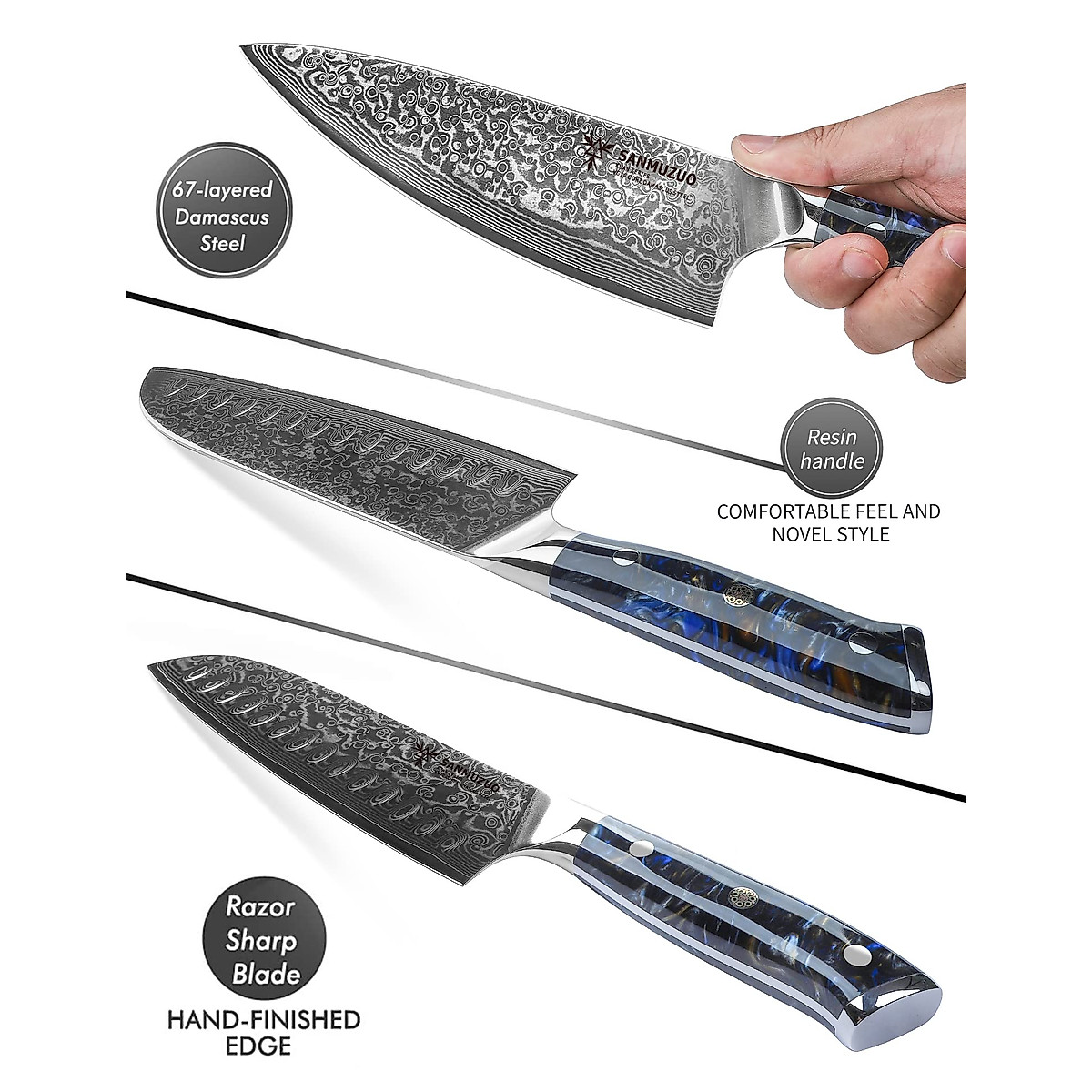SANMUZUO Chef Cooking Knives Set- Kitchen Knife Set of 5 Piece - Ultra-Sharp VG10 Damascus Steel & Resin Handle - Xuan Series (Starry Black)