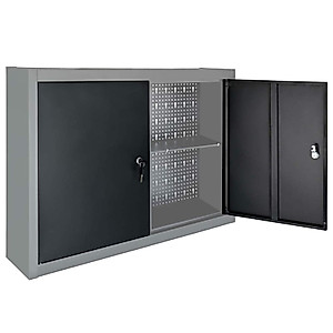 Tidyard Wall Mounted Tool Cabinet with Adjustable Storage Shelves and Euro Holes Industrial Style Lockable Metal Tool Storage Unit for Workshop Garage 31.5 x 7.5 x 23.6 Inches (W x D x H)