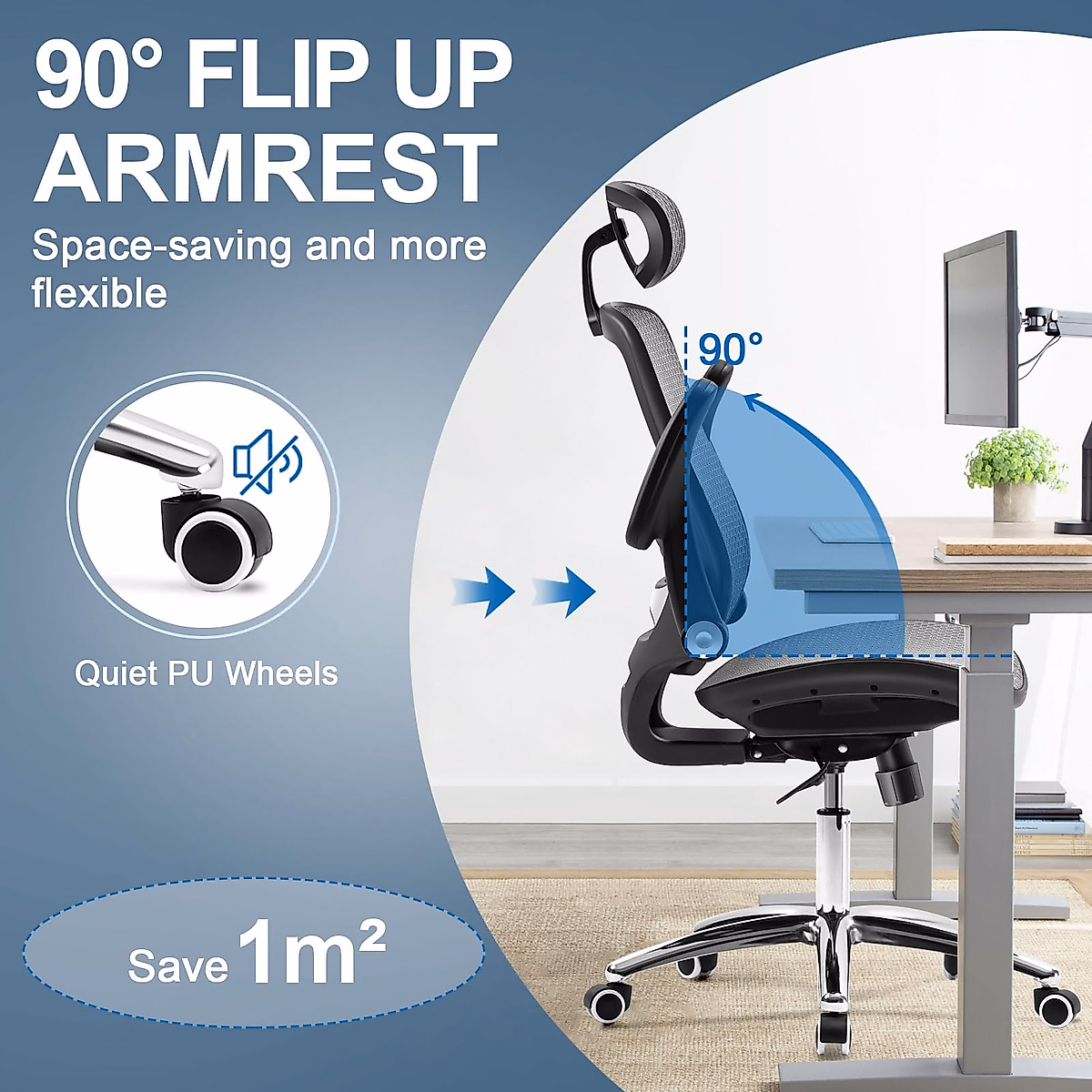 Ergonomic Mesh Office Chair for Tall People, High Back Mesh Chair with Adjustable Flip Up Armrest & 2D Headrest &, 135°Tilt Function, Mesh Seat, Swivel Executive Task Chair for Home 350lb