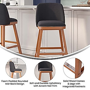 Flash Furniture Julia Set of 2 Transitional Bar Stools - Gray Faux Linen Upholstery - Silver Nailhead Trim - 30 Inch - Walnut Finish Wood Frames