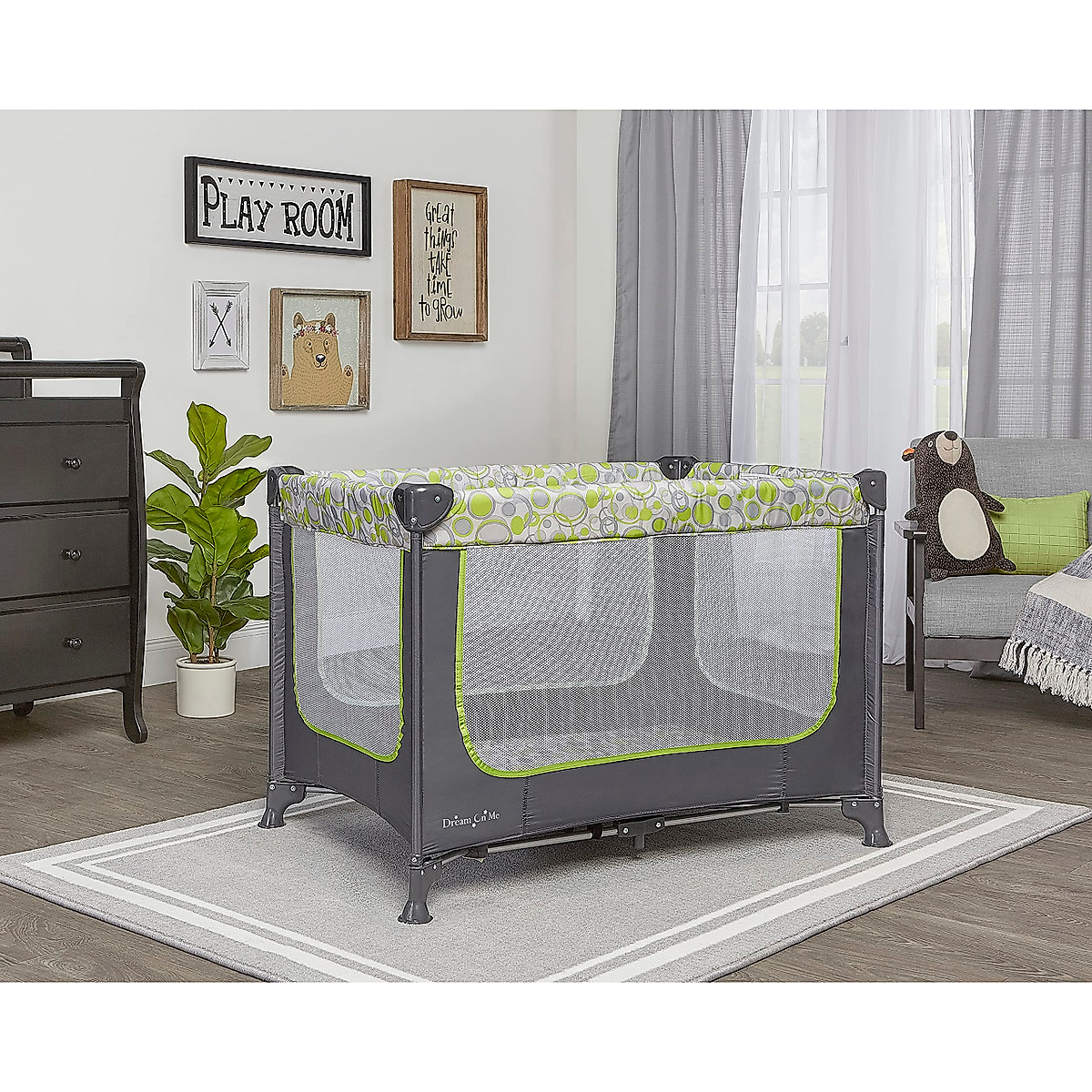 Dream On Me Zodiak Portable Playard in Grey and Green, Lightweight, Packable and Easy Setup Baby Playard, Breathable Mesh Sides and Soft Fabric - Comes with a Removable Padded Mat