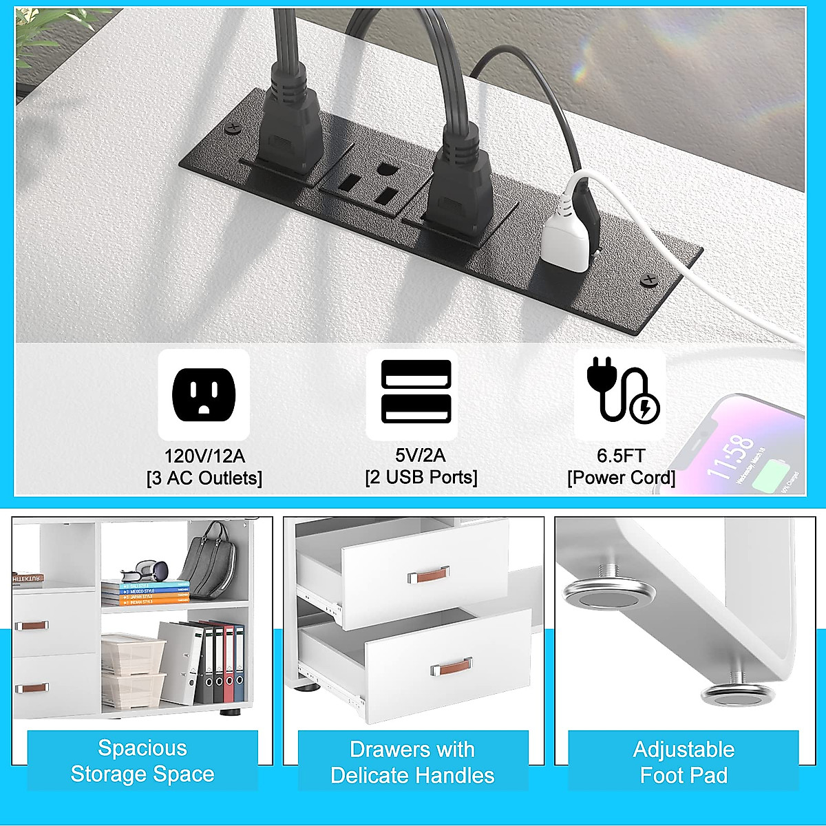 Homieasy L Shaped Desk with File Cabinet & Power Outlet, Reversible 55 Inch Large Corner Computer Desks with LED Strip, L-Shaped Desk with Drawers and Storage Shelves for Home Office, White