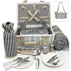 20Pcs Willow Picnic Basket for 2 with Waterproof Blanket/Insulated Cooler/Wine Bag/Cutlery for Camping,Couples,Valentine Day, Wedding Gift